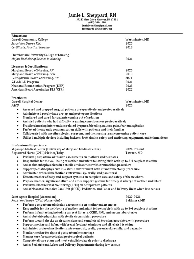 Prof Nursing Resume June 2021 | PDF | Childbirth | Nursing