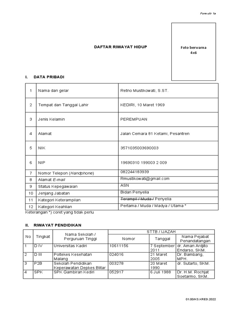 Formulir 1a - Daftar Riwayat Hidup - DINKES AJG | PDF