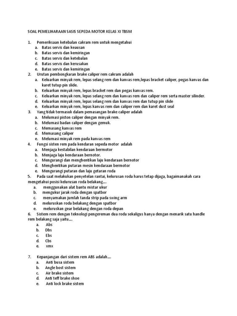 Soal Pemeliharaan Chasis Sepeda Motor Kelas XI TBSM | PDF