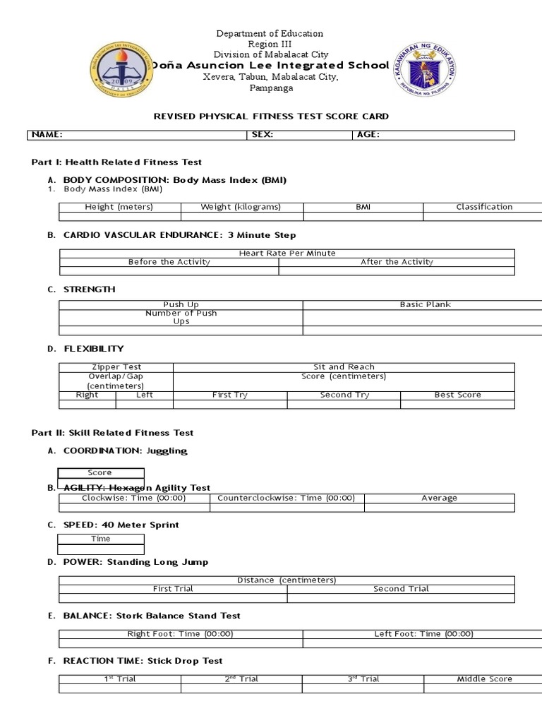 Revised Physical Fitness Test Score Card | PDF | Physical Fitness ...