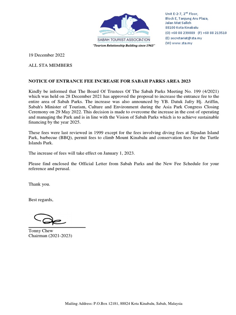 Notice of Entrance Fee Increase For Sabah Parks Area 2023 | PDF