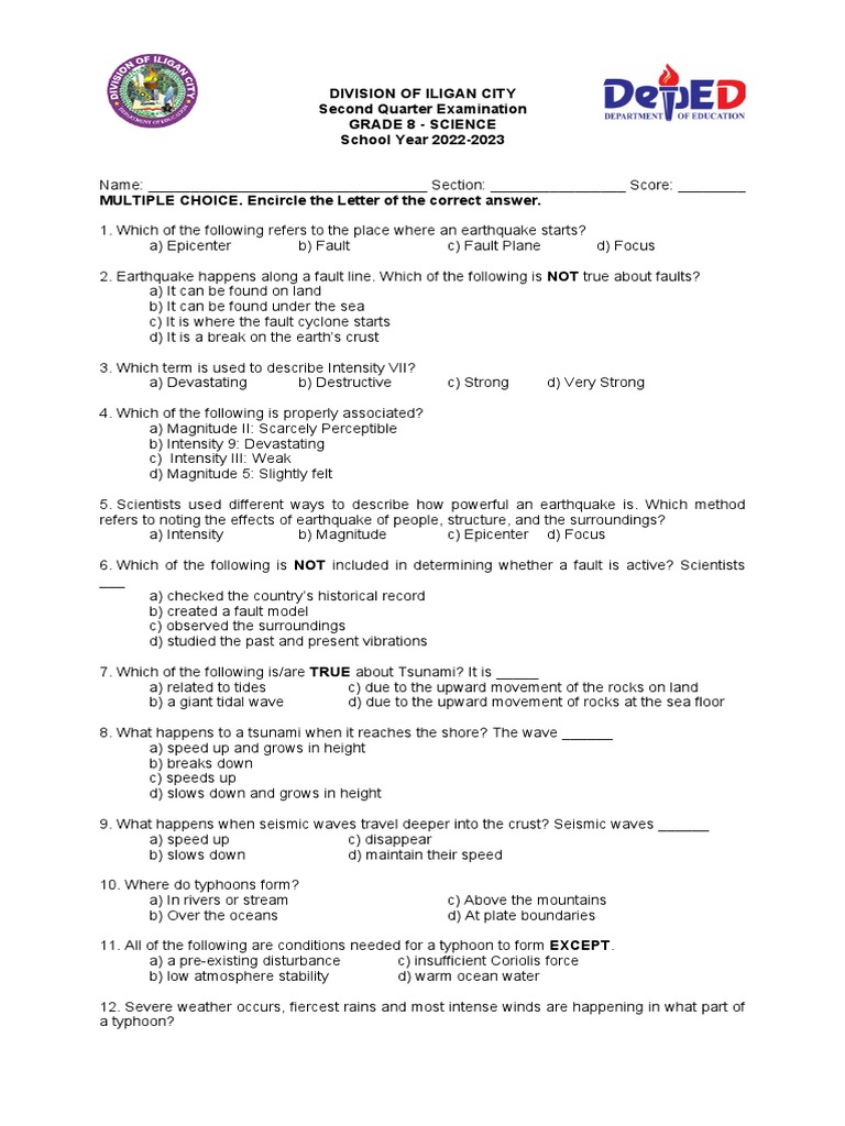 Grade 8 Science Exam | PDF | Earthquakes | Tropical Cyclones