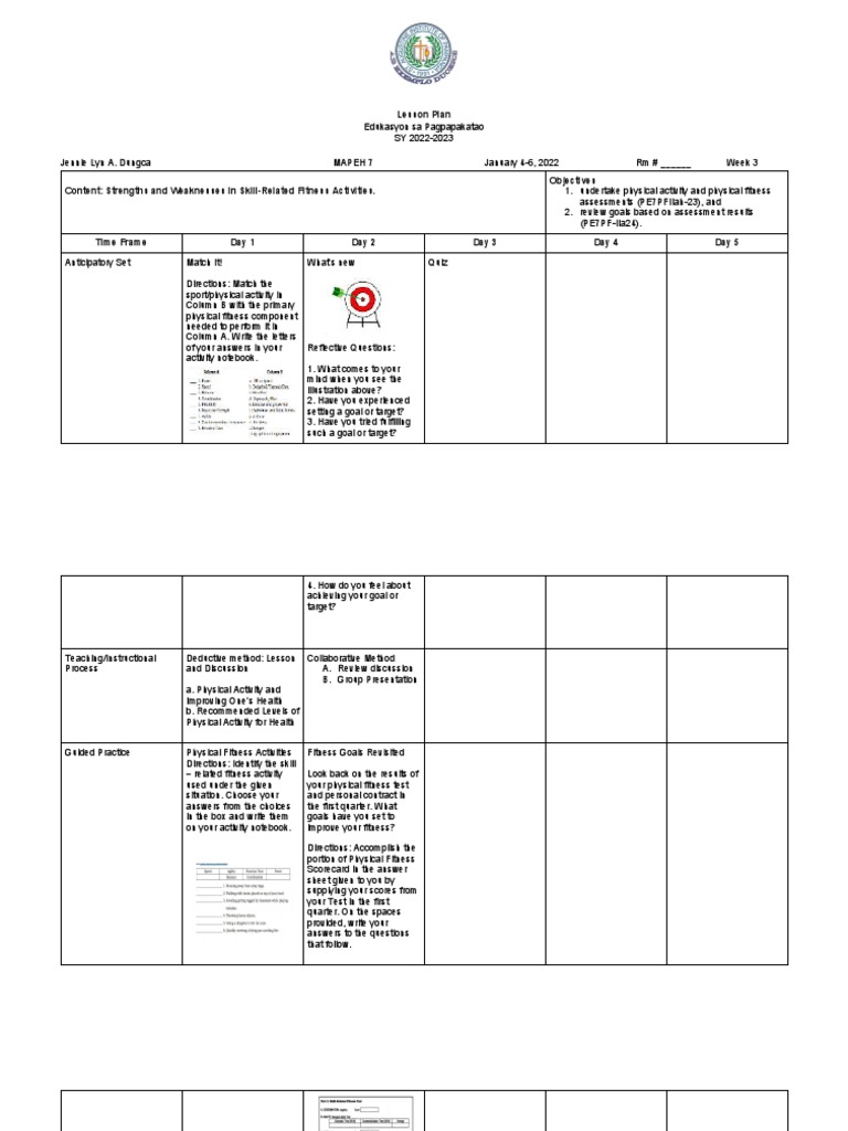 Lesson Plan MAPEH 7 Week 3 | PDF | Physical Fitness | Lesson Plan