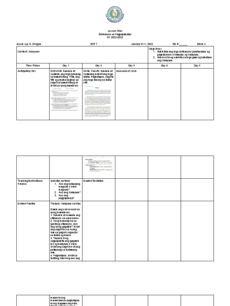 Lesson Plan ESP 7 Week 4 | PDF
