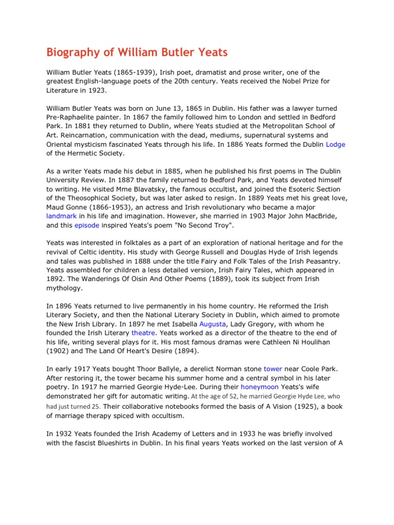 Biography of William Butler Yeats | PDF