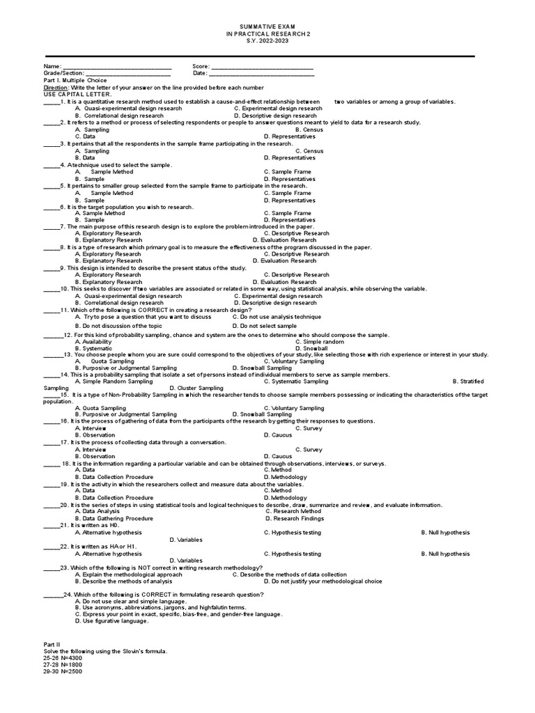 2ND Summative Exam in PR2 | PDF | Sampling (Statistics) | Methodology