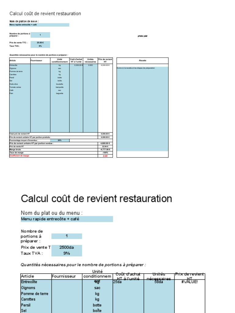 Calcul Cout de Revient Restauration Excel | PDF | Taxe sur la valeur ...
