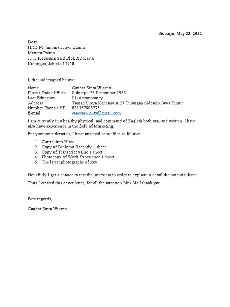 Contoh Surat Lamaran Dalam Bahasa Inggris | PDF