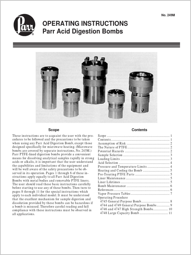 Operating Instructions Parr Acid Digestion Bombs: Scope | PDF | Nitric ...
