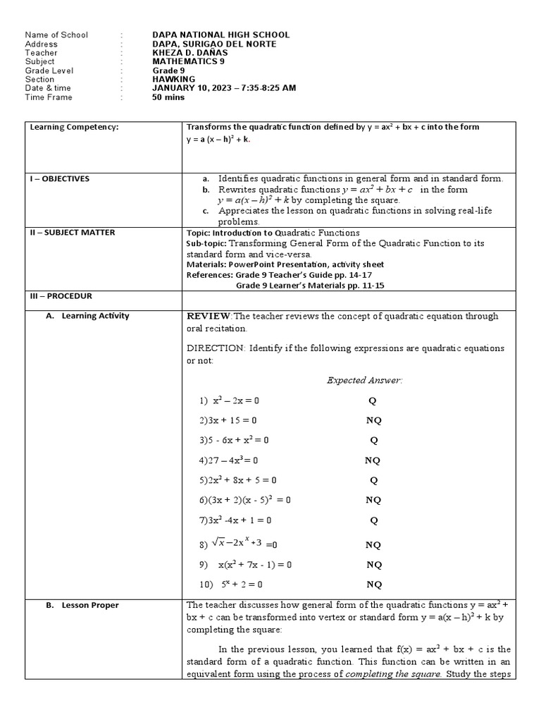 DLP Cot 2 Quadratic Functions | PDF | Quadratic Equation | Elementary Mathematics