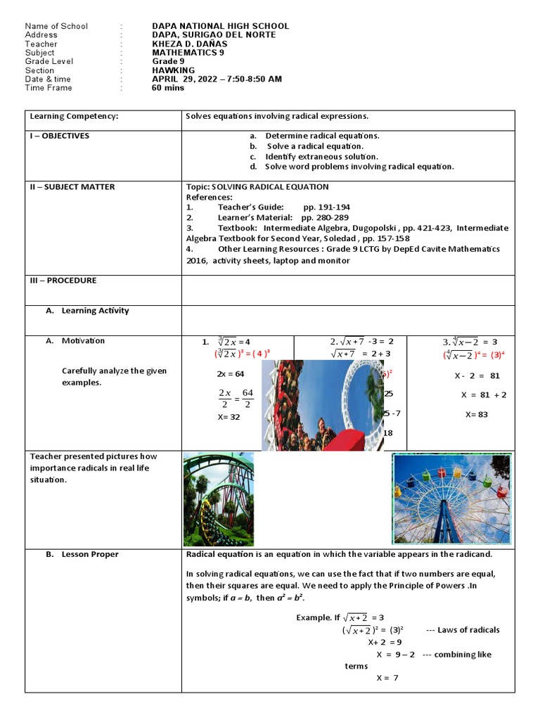 DLP Cot 3 Solving Radical Equatios | PDF | Equations | Mathematics