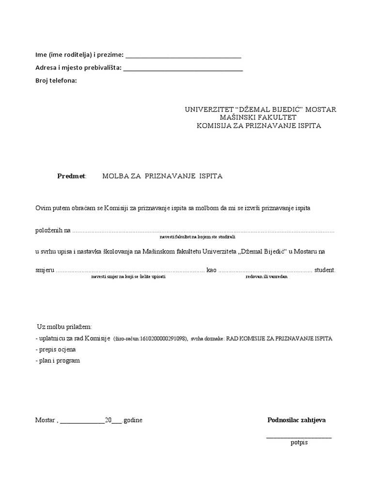 1 Molba Za Priznavanje Ispita | PDF