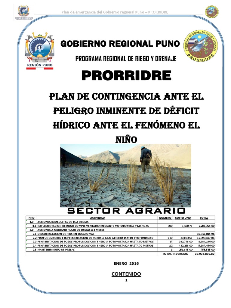 Plan de Contingencia Ante El Peligro Inminente de Deficit Hidrico Ante El Fenomeno El Nino Puno ...