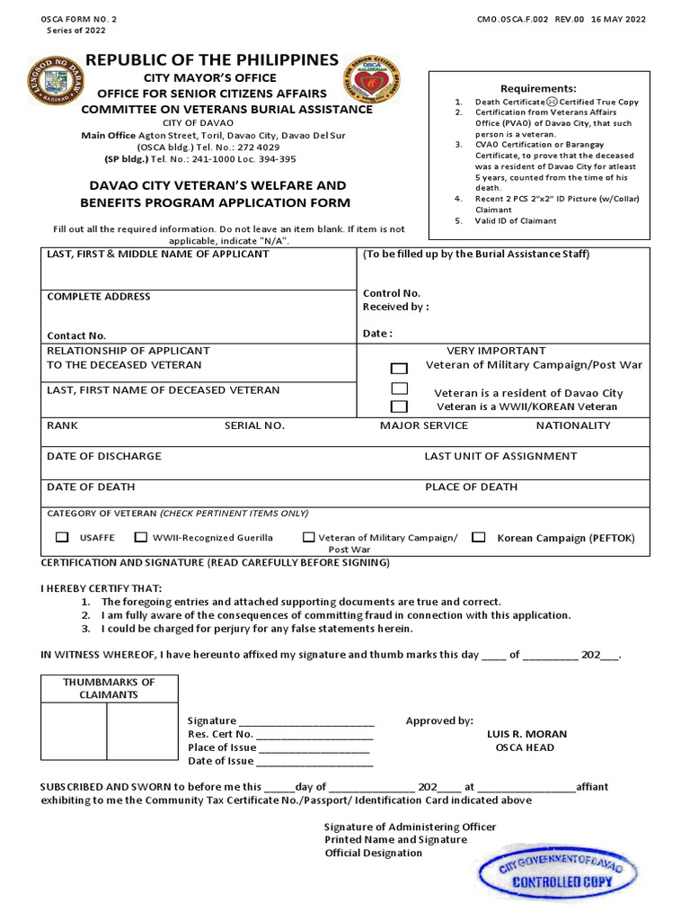 Davao City Veterans Burial Assistance Form | PDF | Access Control ...
