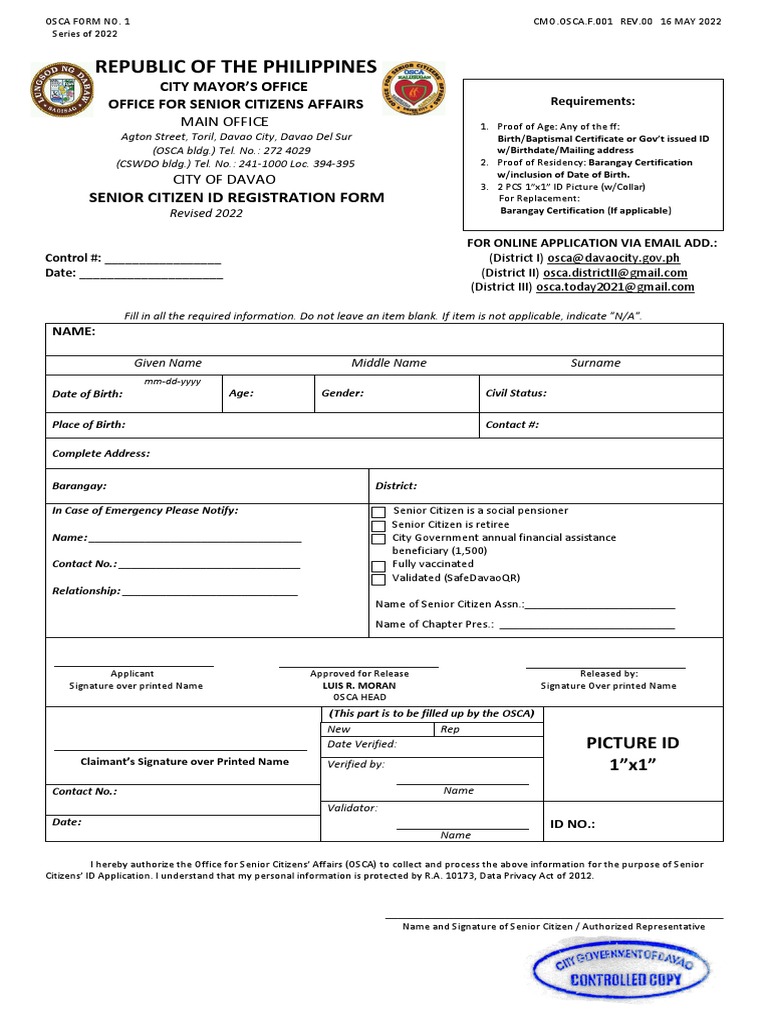 OSCA Form No. 1 SCID Registration | PDF | Authentication | Government