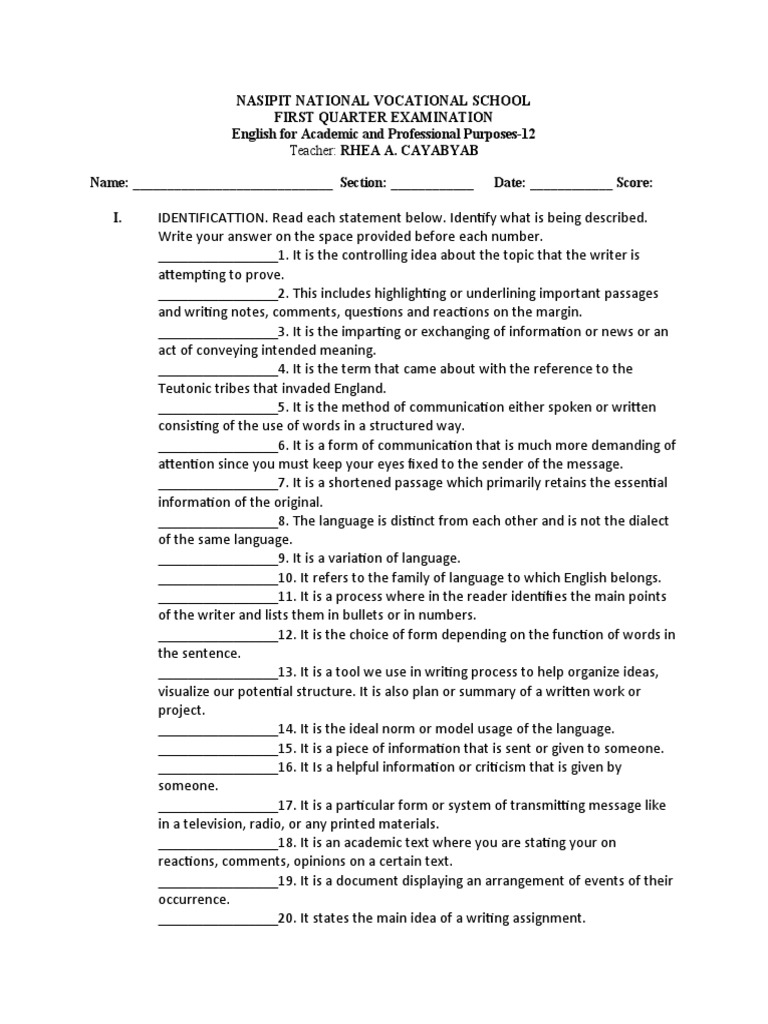EAPP First Quarter Exam | PDF | Communication | English Language