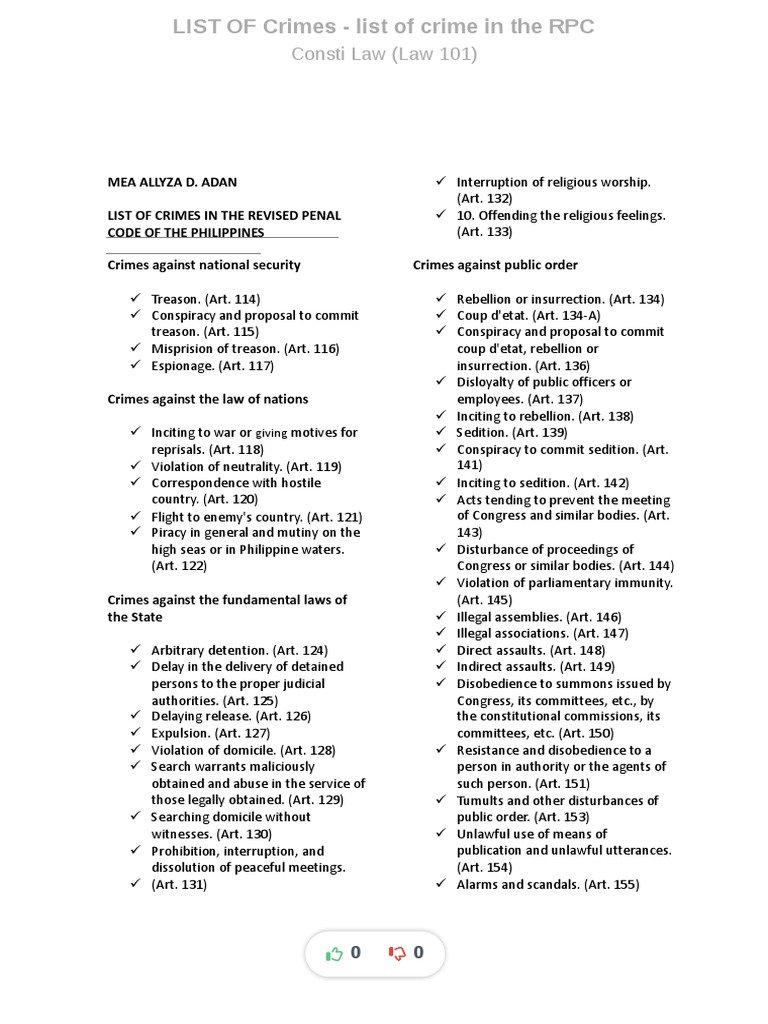 Crimes in the Revised Penal Code | PDF | Perjury | Treason