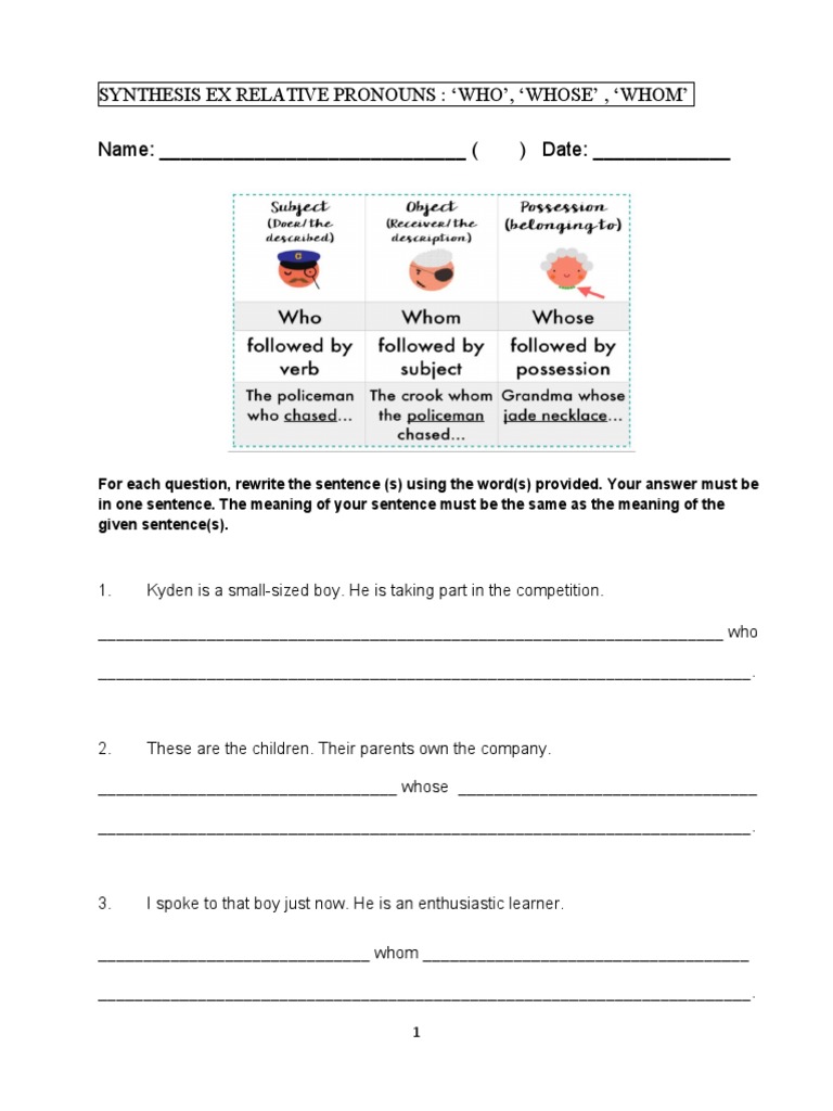 Relative Pronouns Worksheet: Who, Whose, Whom | PDF | Career & Growth