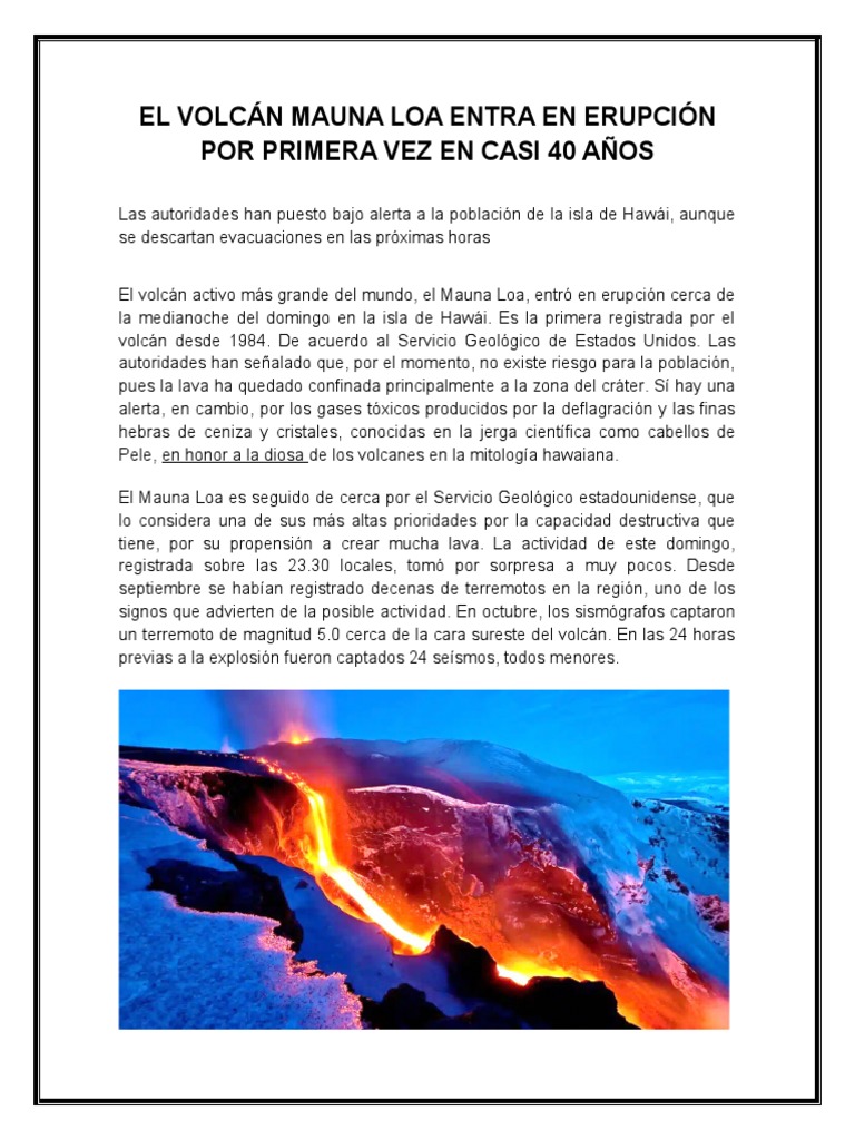 El Volcán Mauna Loa Entra en Erupción Por Primera Vez en Casi 40 Años | PDF | Volcán | Tipos de ...
