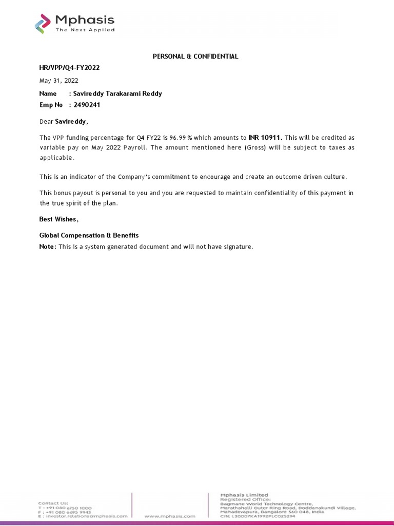 Personal & Confidential HR/VPP/Q4-FY2022 | PDF