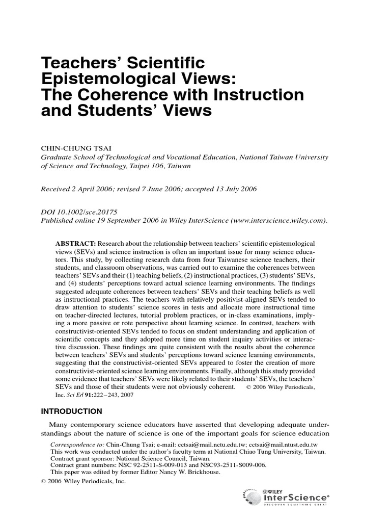 Teachers Scientific Epistemological Views Tsai Pdf Teaching Method