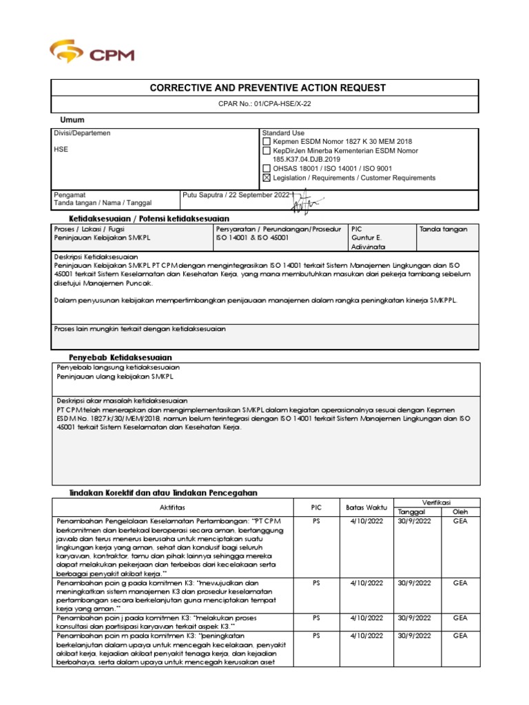 2022 - Cpar Kebijakan SMKPPL | PDF