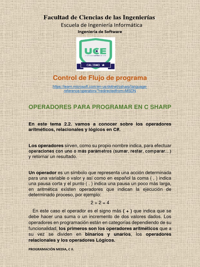 Control Flujo de Programa. Operadores y Expresiones en C# | PDF | C Sharp (lenguaje de ...