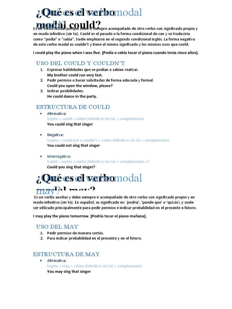 El uso y estructura del verbo modal could y su significado | PDF