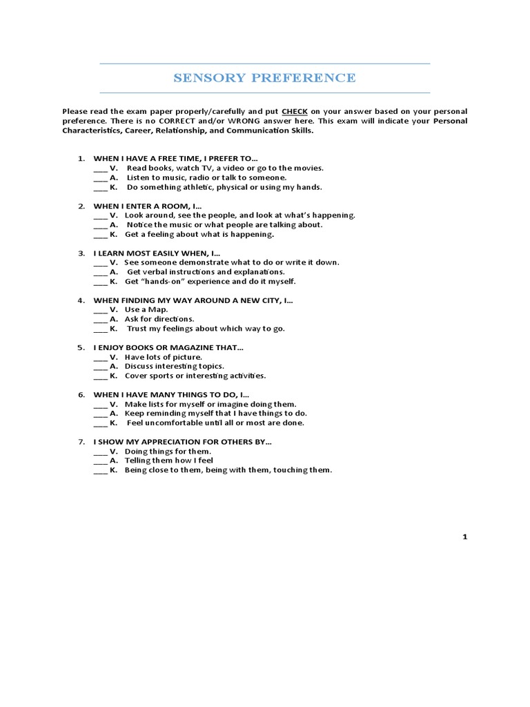 Discovering Your Sensory Preferences: Results from a Self-Assessment ...