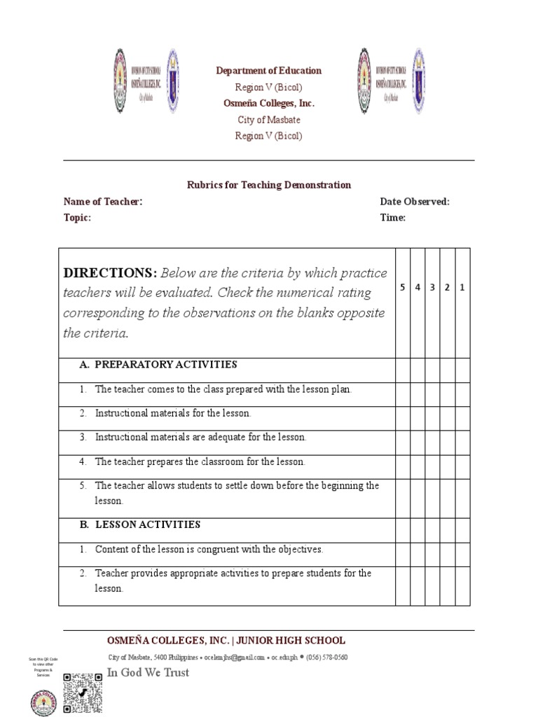 Rubrics For DEMO Teaching | PDF | Teachers | Teaching Method
