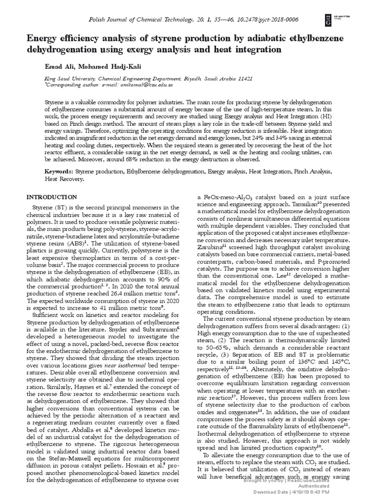 Energy Efficiency Analysis of Styrene Production B | PDF | Exergy | Chemical Reactor