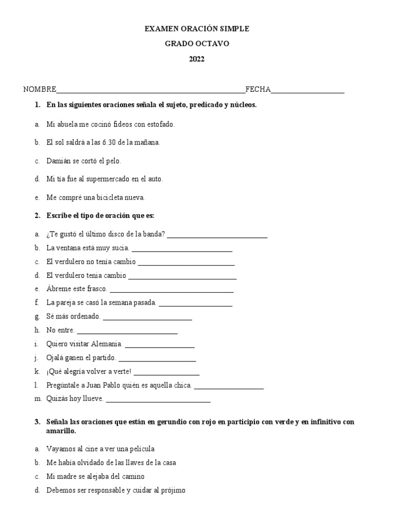 Examen Oración Simple | PDF