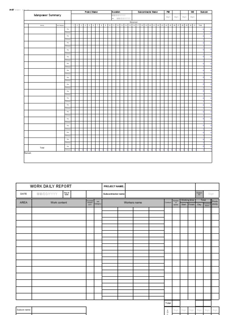 Work Daily Report and Monthly Manpower Sumary | PDF