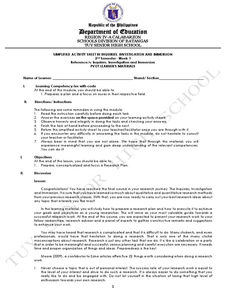 3is Simplified Activity Sheet Week 1 | PDF