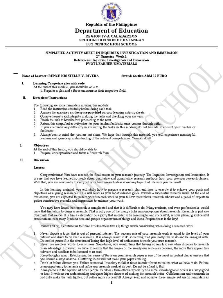 3is Simplified Activity Sheet Week 1 No Answer Key | PDF | Learning ...