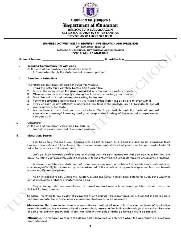 3is Simplified Activity Sheet Week 2 | PDF | Learning | Experiment