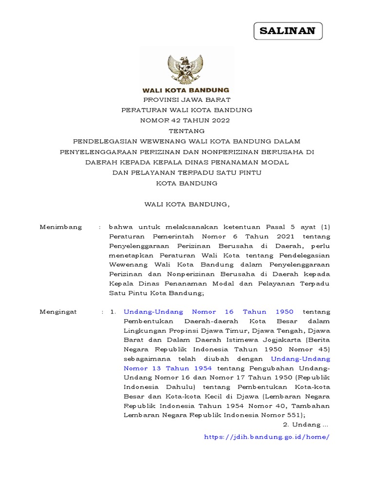 PERWAL 42 TAHUN 2022 - Perijinan - Kota-Bandung | PDF