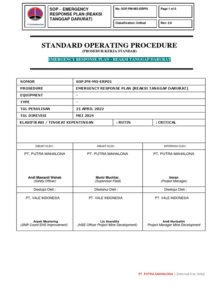 SOP - PM-MO-ERP01 Emergency Response Plan | PDF