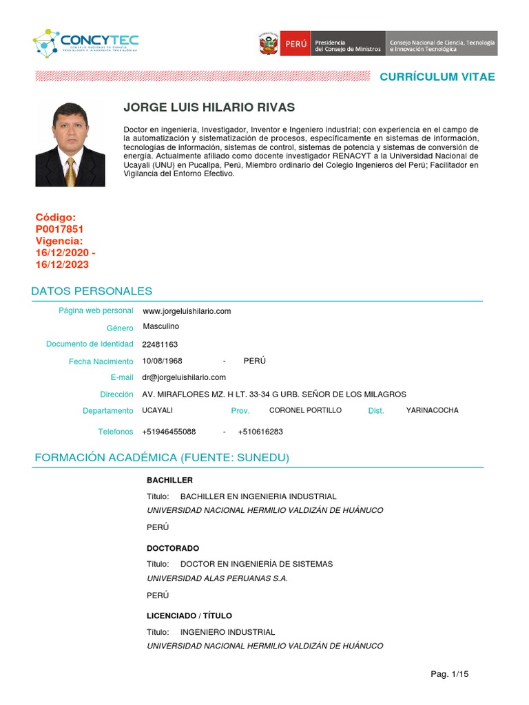 CV del Dr. Jorge Luis Hilario Rivas | PDF | Perú | Universidad