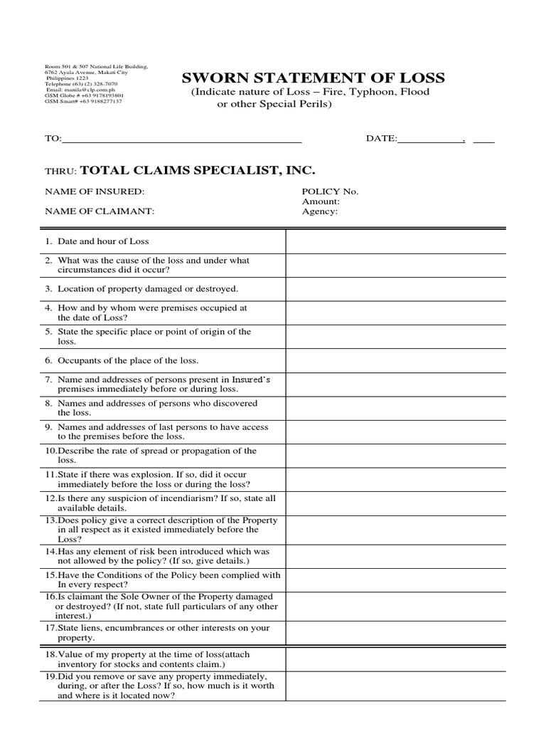 Sworn Statement of Loss -TCS | PDF | Insurance | Private Law