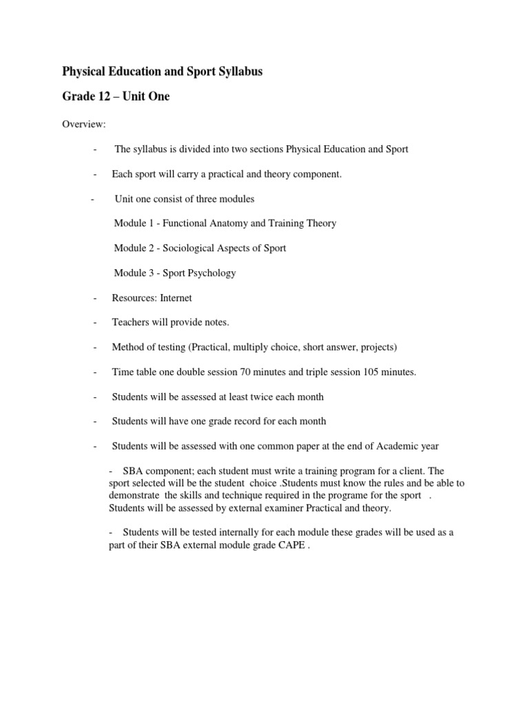 Physical Education & Sport Curriculum Guide Unit 1 | PDF