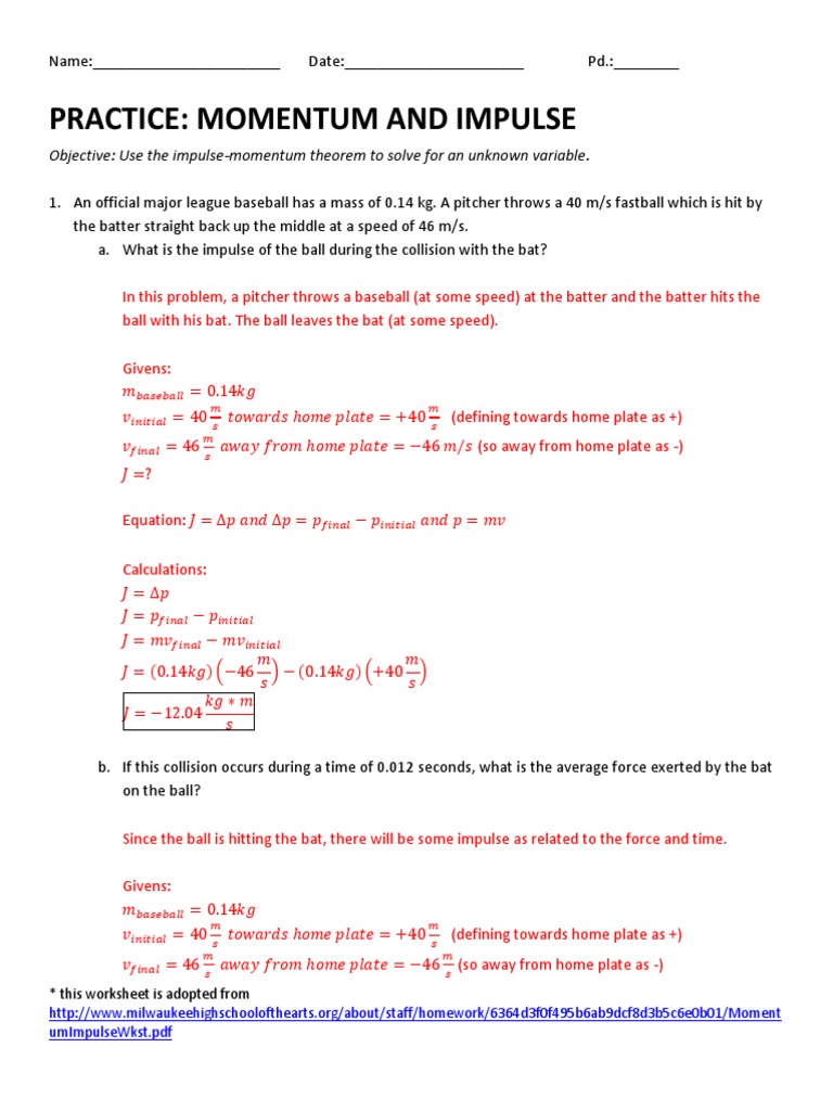 Impuse Worksheet Answers | PDF | Force | Momentum