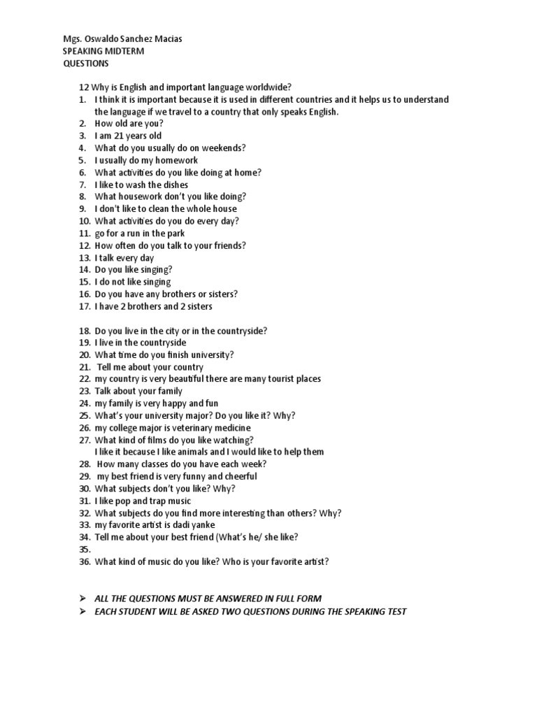 A1 Speaking Midterm Questions Guide | PDF | Foreign Language Studies | Art