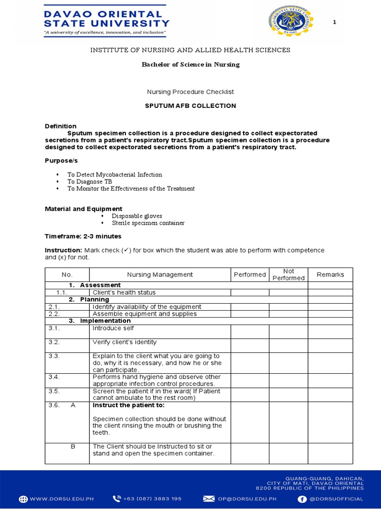 Sputum Collection Checklist | PDF | Diseases And Disorders | Clinical ...