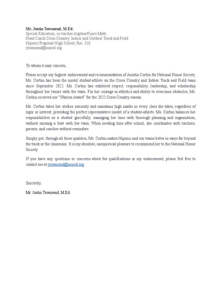 Nhs Letter of Rec | PDF