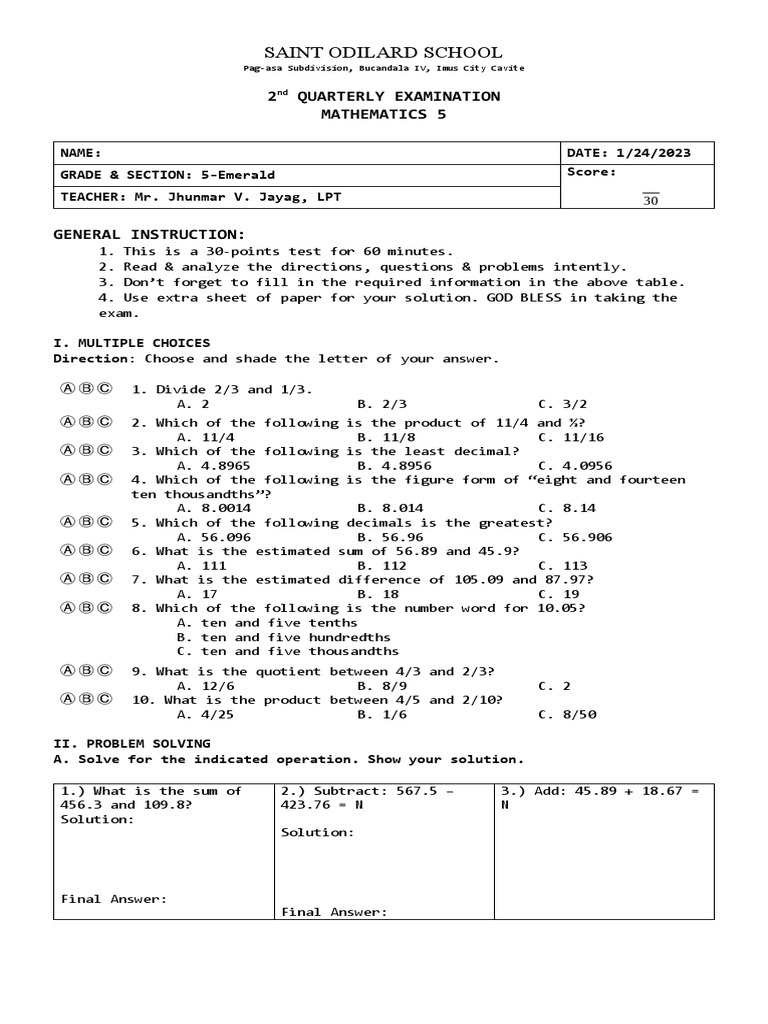 2nd QT | PDF | Percentage | Equations