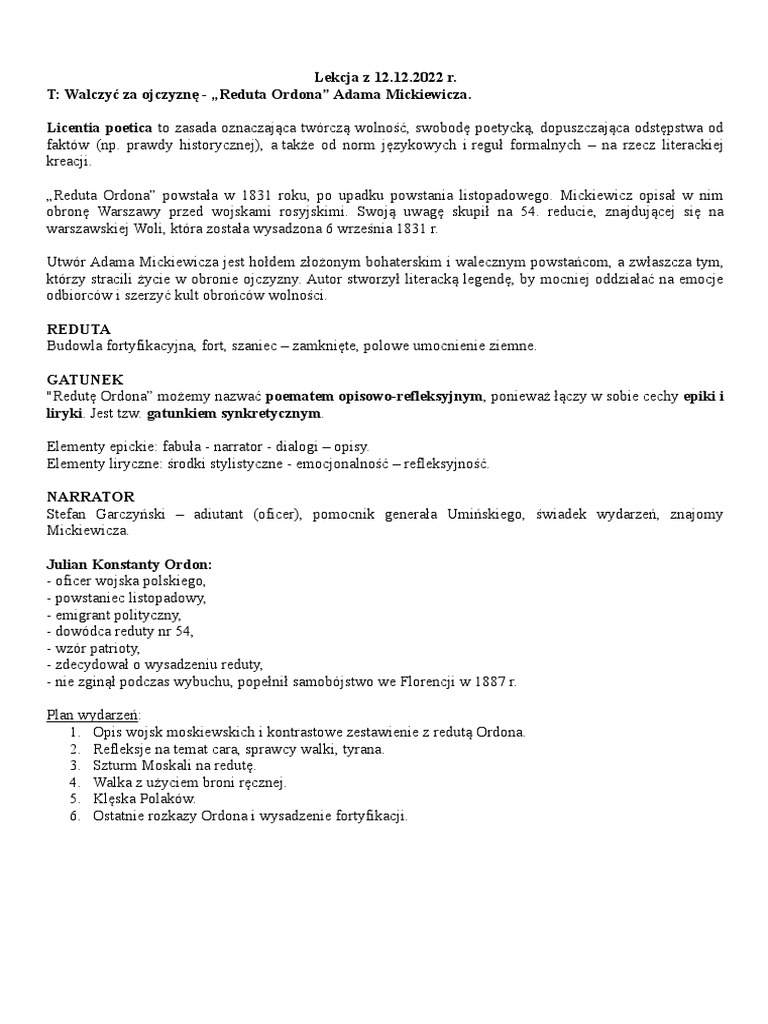 Reduta Ordona - Notatka Z Dwóch Lekcji | PDF