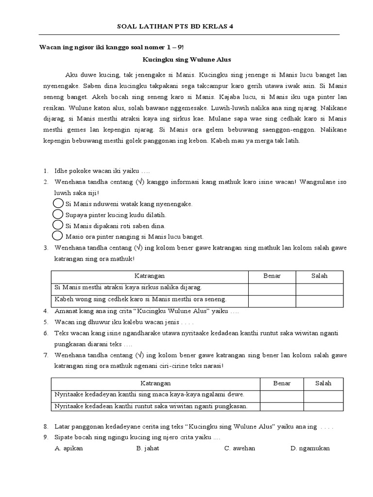 Latihan Soal Pts Bd Kelas 4 Pdf