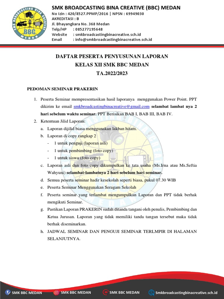 Jadwal Seminar Laporan Siswa 2022 | PDF