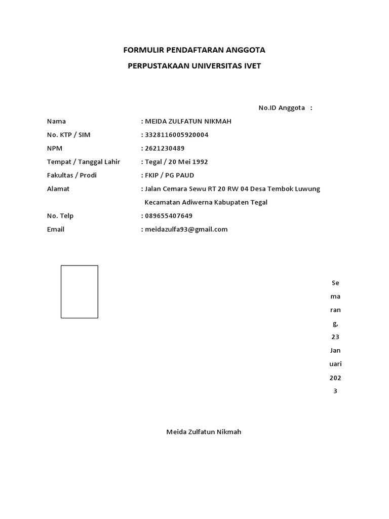 Formulir Pendaftaran Anggota Perpus | PDF